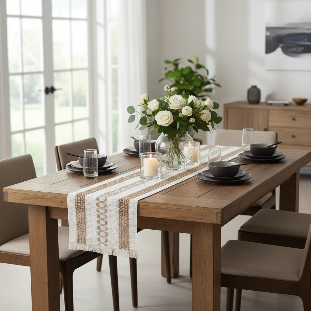 Rustic Farmhouse Blend Table Runner with Fringe - Natural Woven Design ...