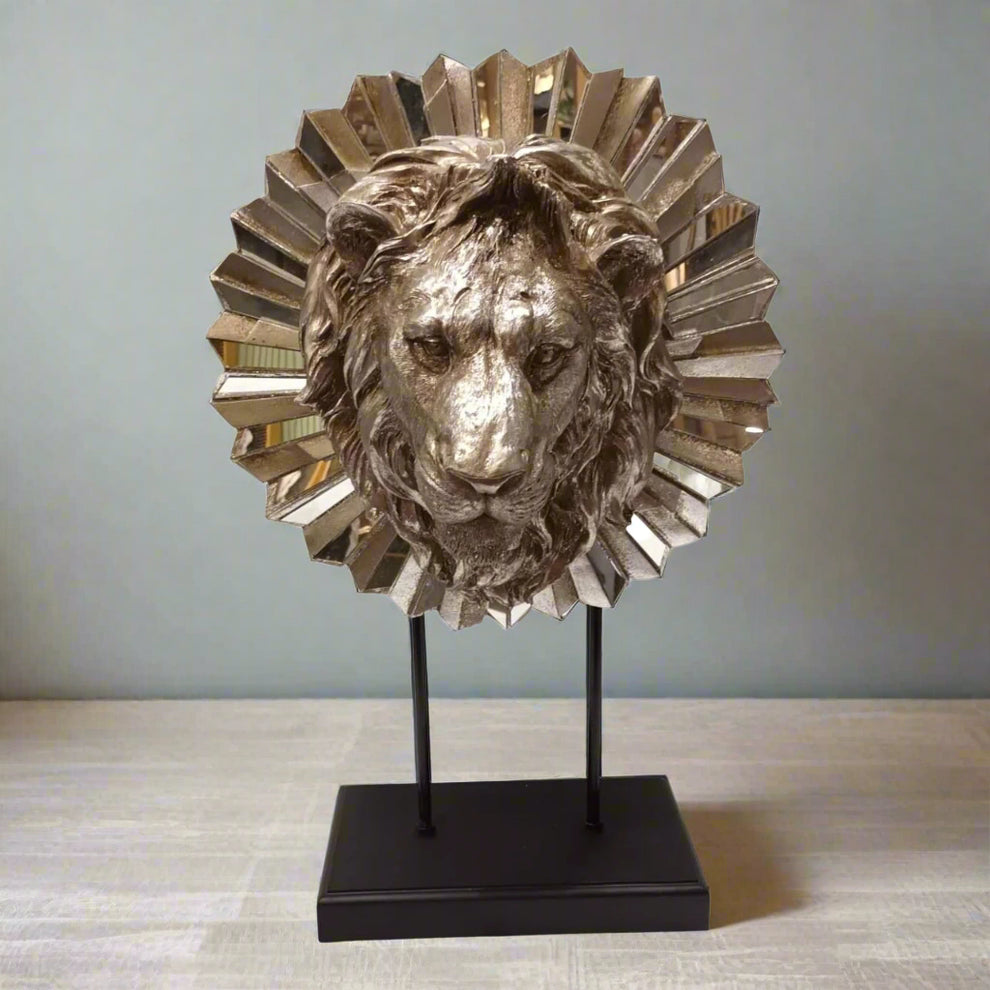 Majestic Gaze: Regal Lion Head Sculpture with Mirrored Mane – Le Decor Cove
