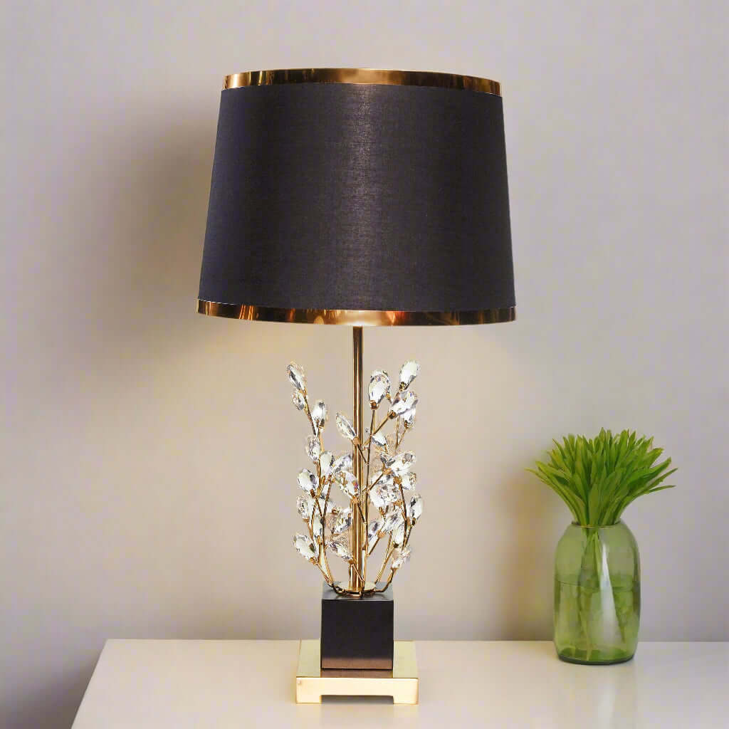 Luminous Botanical: Crystal-Adorned Table Lamp with Black Shade – Le ...